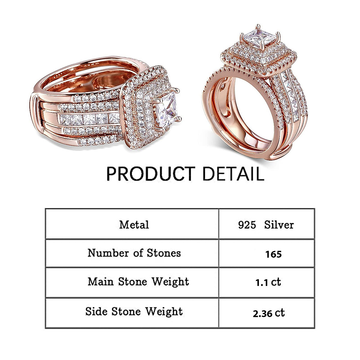 Jeulia 3 PC Enhancer Ring Set for Women 925 Sterling Silver Princess Cut Diamond Engagement Rings Cubic Zirconia Halo Solitaire Wedding Rings Anniversary Promise Rings for Her with Jewelry Box (Rose Gold, 6.5)