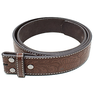 BC Belts Leather Belt Strap with White Stitching and Embossed Western Scrollwork 1.5" Wide with Snaps (Brown/White-L)