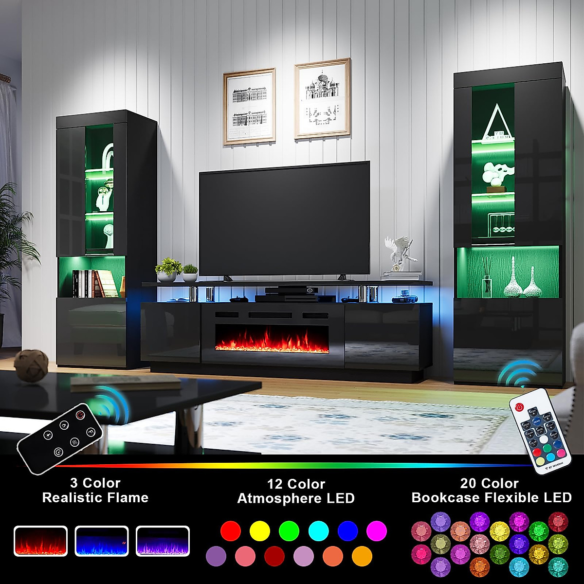 AMERLIFE Entertainment Center with Fireplace and Bookcases, Includes 70" 2-Tier Fireplace TV Stand with 36" Fireplace, 2 x Modern High Gloss Bookshelves with LED Lights & Glass Doors, Black