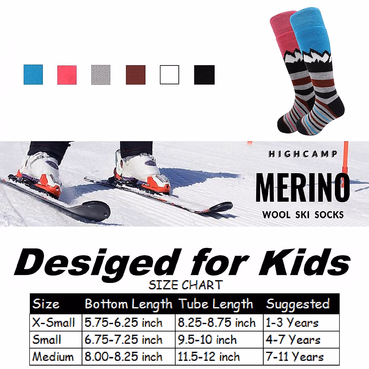 HIGHCAMP 2 Pairs Kids Merino Wool Ski Snowboard Socks Boy Girl Toddler Snow Socks/Norway Pink, S