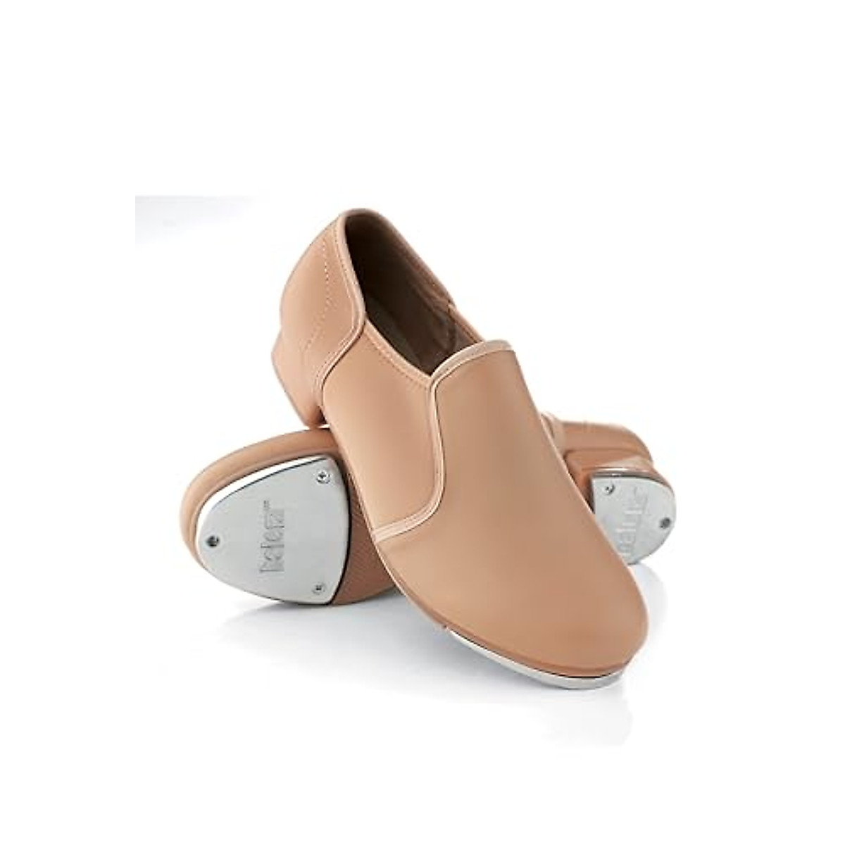 Balera Womens Tap Shoes Slip On Shoe with Leather and Stretch Inset Rubber Sole with Taps Caramel