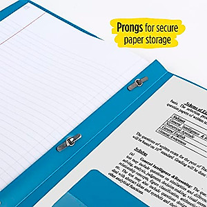 Five Star 2 Pocket Folder, 4 Pack, Plastic Folders with Stay-Put Tabs and Prong Fasteners, Holds 8-1/2” x 11" Paper, Writable Label, Assorted Colors (38064)