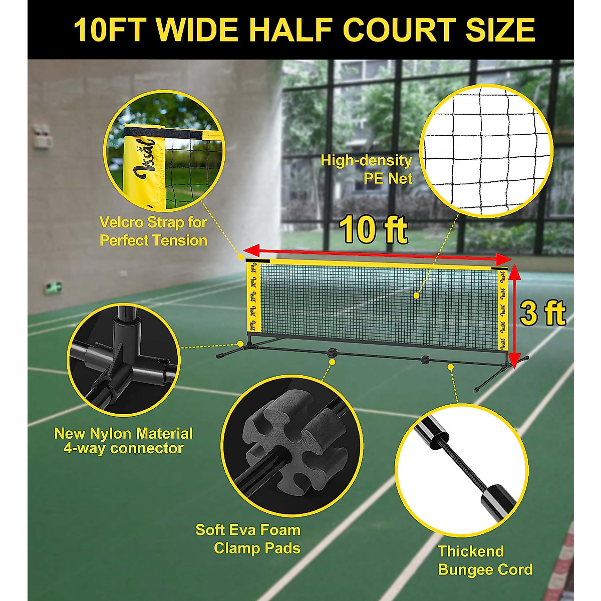 VSSAL 10FT Portable All-in-One Badminton, Pickleball and Volleyball Net Set Half Court (10ft Wide x 7ft max Height) Small Outdoor Sports Set with Adjustable Net for Backyards Beach or Driveway Games
