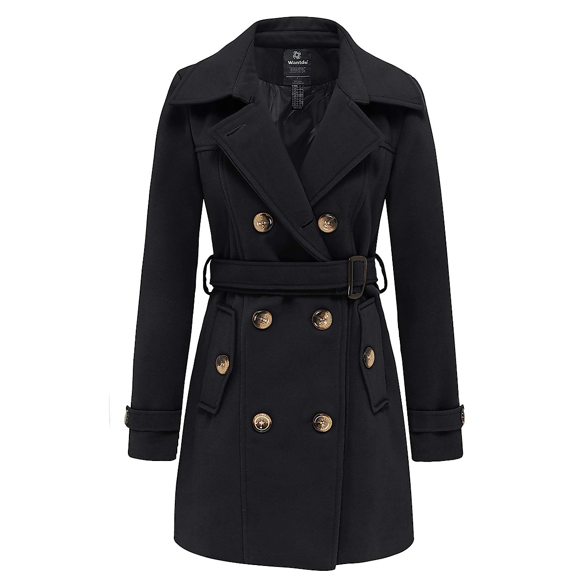 wantdo Women's Plus Size Double-Breasted Slim Solid Pea Coats with Belt Black XL