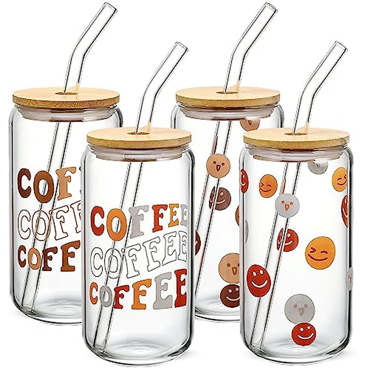 Glass Cups with Lids and Glass Straws with Design 4pcs Set - 16oz Cute Iced Coffee Sublimation Glasses, Beer Can Shaped Drinking Glasses Tumbler, Coffee Bar Accessories, Aesthetic Housewarming Gifts
