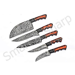 Custom Handmade Damascus Chef Knives Set/Kitchen Knives 5 Pieces Set SS-17211 (Orange and Black Color Wood)