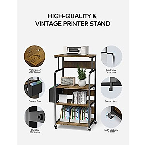 Bealife 4 Tier Home Printer Stand with Storage Bag, Tall Mobile Printer Cart with Lockable Rolling Wheels for Office,Small Space, Heavy Duty - Retro