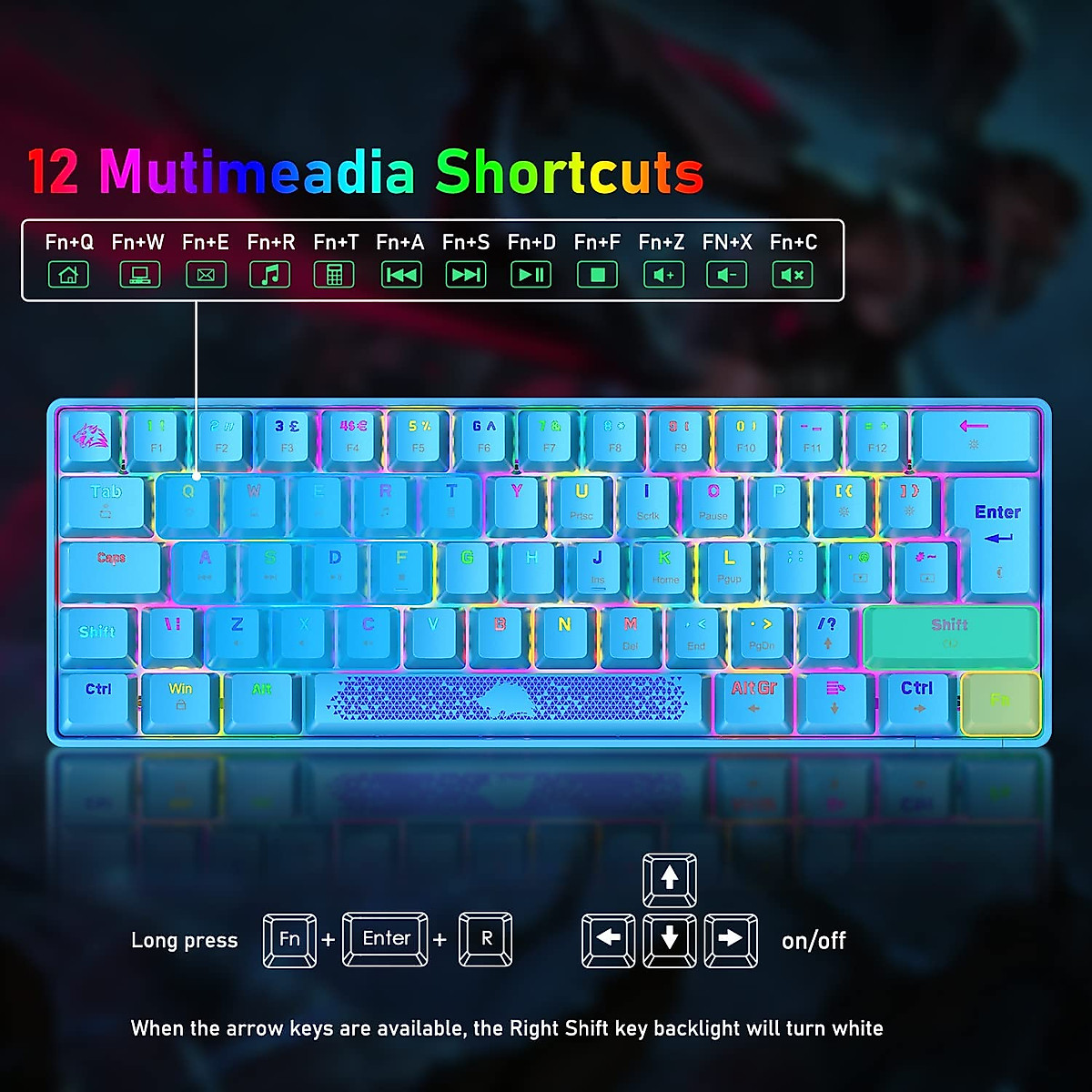 GK61Pro Mechanical Gaming Keyboard and Model Mouse Combo,Wired 18 Chroma RGB Backlit 62key Anti-ghosting Honeycomb Gaming Mouse 12000 DPI Ergonomic for Windows PC Gamers Typists（Blue/Blue Switch）