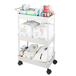 Volnamal Baby Diaper Caddy, Plastic Movable Cart for Newborn Nursery Essentials Diaper Storage Caddy