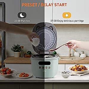 Bear Rice Cooker 8 Cups Cooked, Rice Cooker Small with 6 Cooking Functions, Advanced Fuzzy Logic Micom Technology, 24 Hours Preset Keep Warm, Non-Stick Inner Pot, 2L Green