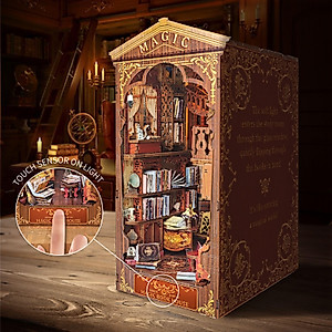 Book Nook Kit, DIY 3D Bookshelf Insert Decor, Wooden Puzzle Dollhouse with Sensor LED Light, Bookend Building Set for Teens Adults - Magic Book House