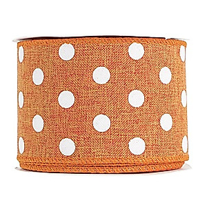 HUIHUANG Orange Polka Dot Wired Ribbon Orange and White Dot Ribbon Wired Edge Burlap Ribbon, 2.5 inch X 10 Yards Wreath Ribbon with Wire for Crafts Fall Wreath Supplies Gift Wrapping Basket Bows Decor