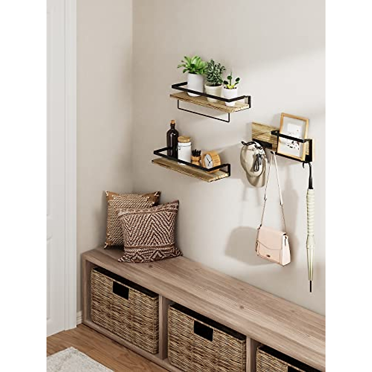AMADA HOMEFURNISHING Floating Shelves,Rustic Bathroom Shelves with Sturdy Hooks and Towel Bar, Paulownia Wood Wall Shelves for Bathroom, Bedroom, Living Room, Kitchen, Entryway, Set of 3, AMFS01-1