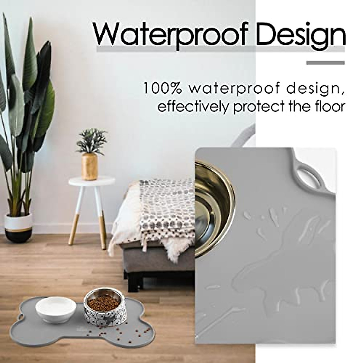 SUPERDESIGN Dog Food Mat Bowl Mat for Floors Waterproof Silicone Cat Dog Feeding Mat for Food and Water Pet Placemat Non Spill Puppy Dish Tray Non Slip Bone Shaped Small Medium Large