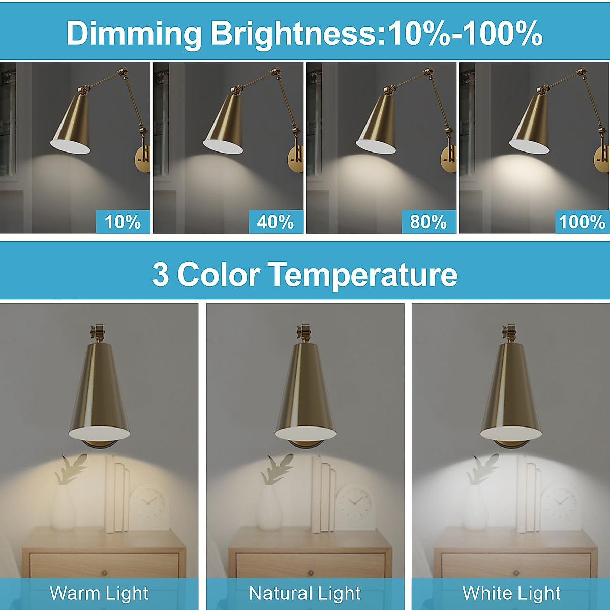 Tovmey Battery Operated Wall Sconce Big Size, Long Arm Wall Sconces Set of Two Battery Operated, Adjustable Angle Wireless Wall Sconce No Wiring, Dimmable Gold Wall Sconces Battery Operated for Room