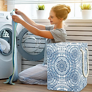 Blue Boho Pattern Style Graphic Laundry Hamper With Handles Large Collapsible Basket For Storage Bin, Kids Room, Home Organizer, Cloth Storage, 19.3x11.8x15.9 In