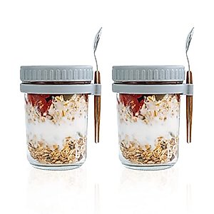 SMARCH Overnight Oats Jars with Lid and Spoon Set of 2, 16 oz Large Capacity Airtight Oatmeal Container with Measurement Marks, Mason Jars with Lid for Cereal On The Go Container (grey)