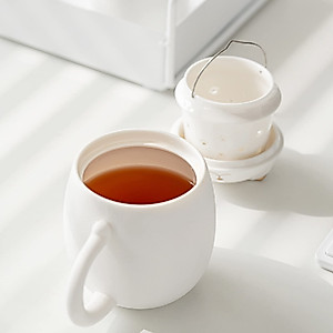 DUANMUL Cat Mug Cute Ceramic Coffee Cup with Infuser and Lid,Filter for Steeping Loose Leaf,kawaii coaster,Novelty Morning Cup Tea Milk Christmas Mug Chinese Handmade Porcelain Teacup(White)