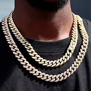 DLSIXNCO 2PCS Cuban Link Chain for Men Women Miami Cuban Link Chain Necklace Gold Silver Plated Bling Diamond Chain Trendy Choker Chain Necklaces Jewelry for Men (Gold, 16inch+18inch)