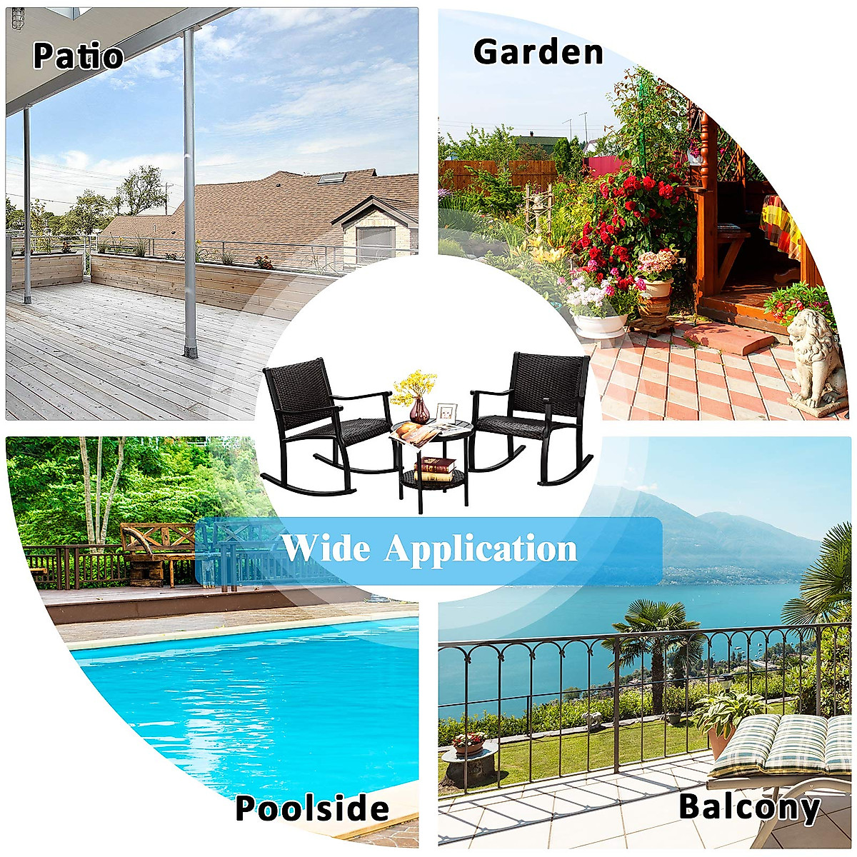 RELAX4LIFE 3-Piece Rocking Bistro Set - PE Wicker Outdoor Rocking Chair Furniture Set w/Side Table and Extra Storage Shelf, Patio Conversation Set for Porch, Balcony Deck