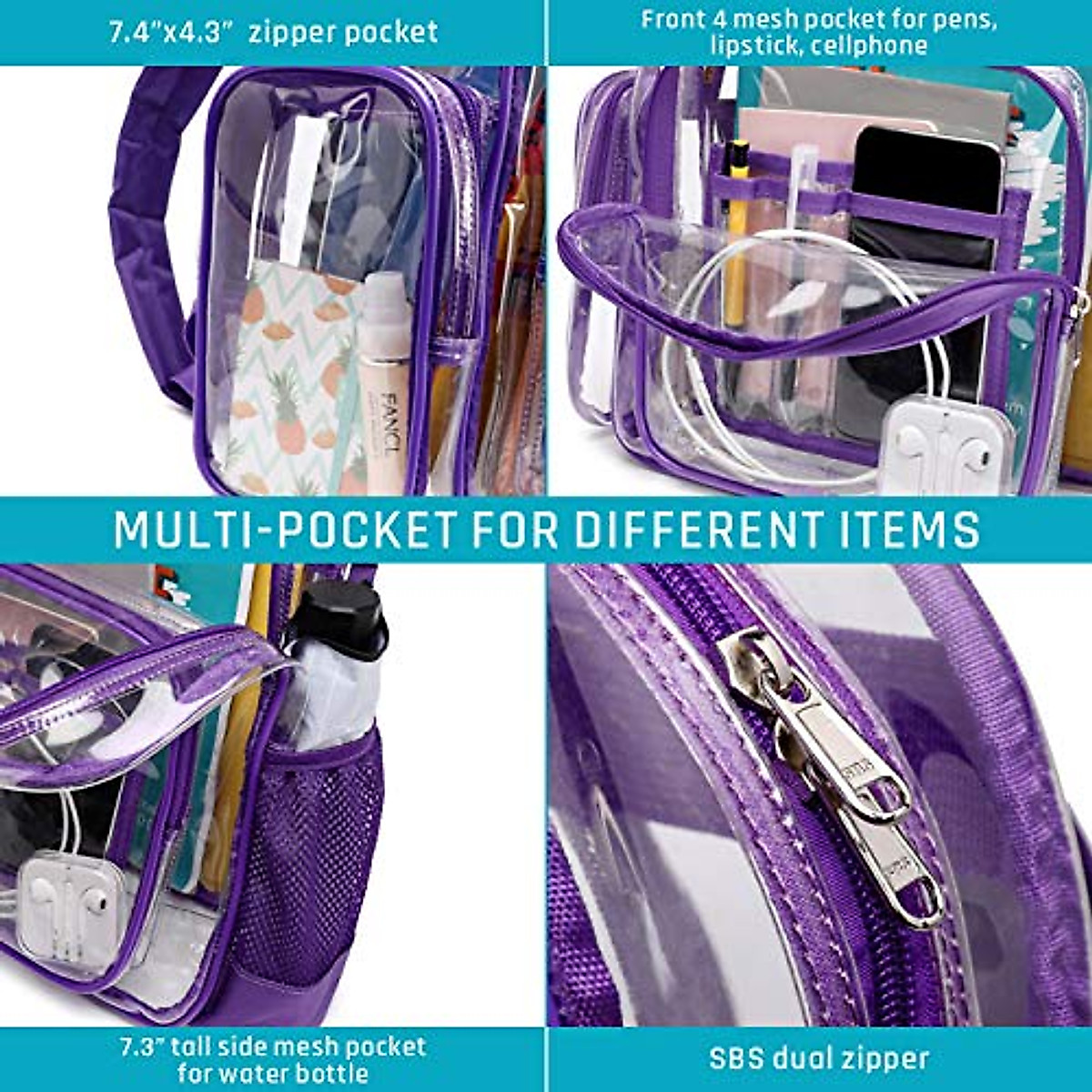 iSPECLE Clear Backpack, Large Clear Backpack with Laptop Compartment, Clear Bookbags with Reinforced Padded Straps, Transparent Bag for College, Work, Security, Dark Purple
