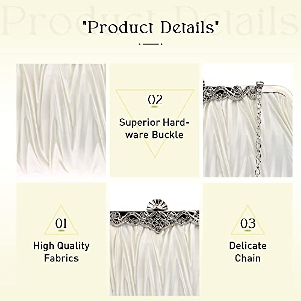 JAMBHALA Women Pleated Clutch Bag with Adjustable Chain Handbag Dumpling Pouch for Wedding, Bridal, Prom, Party (white)