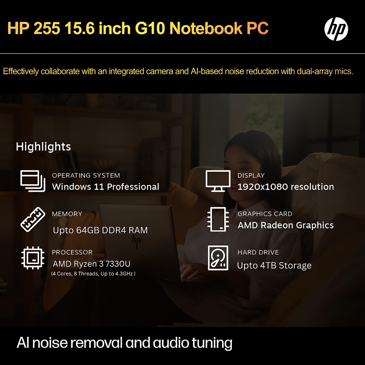 HP 255 G10 Laptop for Home or Work, 16GB RAM, 1TB SSD, 15.6" Full HD, Ryzen 3 7330U (Beat Intel i5-1135G7), HDMI, USB-C, Windows 11 Pro, Business and Fun Ready
