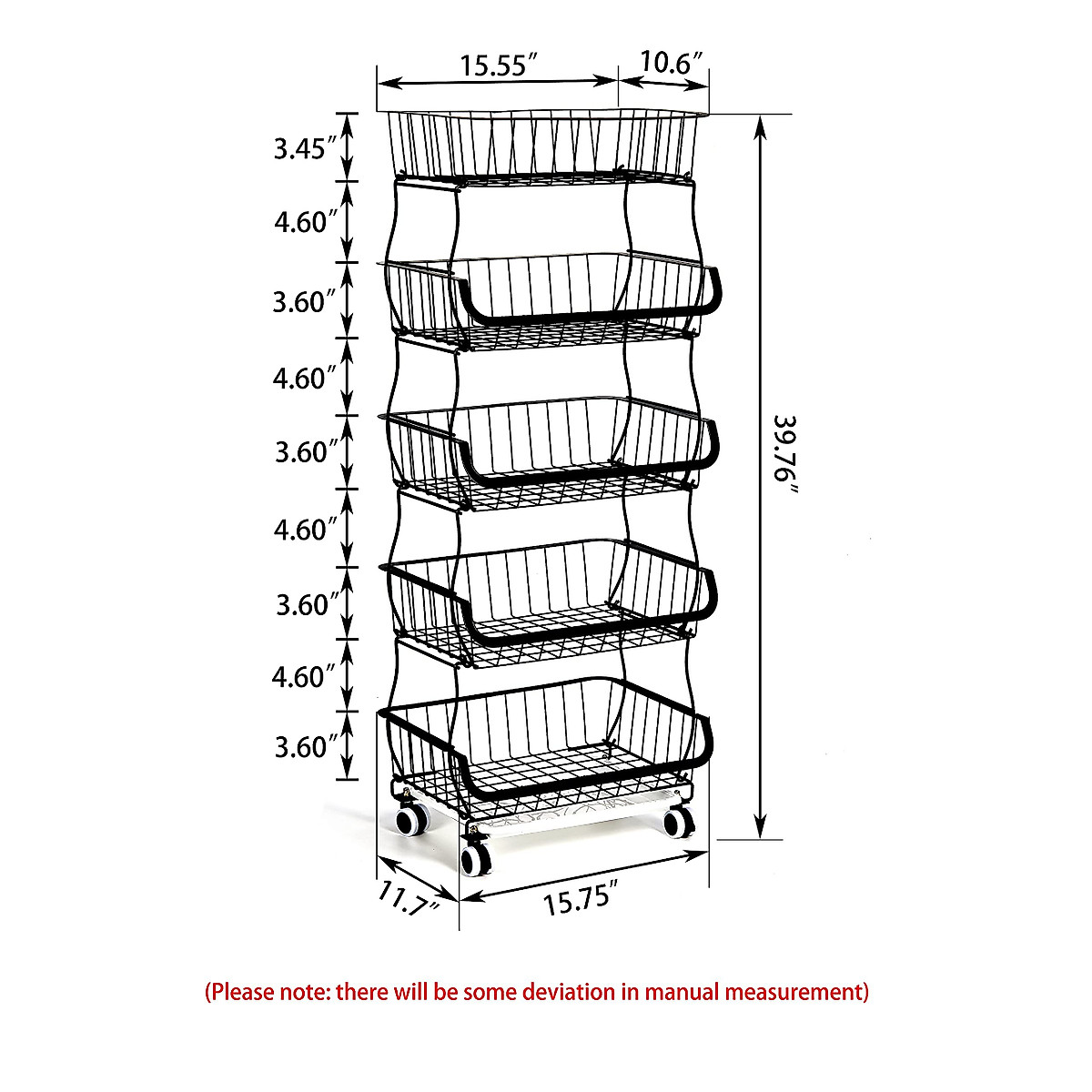 FANWU 5 Tier Fruit Basket Stand, and Vegetable Storage Cart, Wire with Wheels, Metal Stackable Snack Organizer, Potatoes Onions Produce Bins Rack for Kitchen, Pantry (Black-5-Tier Baskets)