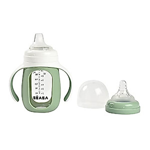 BEABA 2-in-1 Glass Baby Bottle to Glass Training Sippy Cup, Learning Cup, Baby Bottle with Soft Silicone Nipple and Sippy Spout, Baby, Toddler 7 oz (Sage)