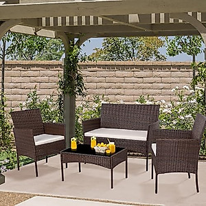 Shintenchi 4 Piece Outdoor Patio Furniture Sets, Small Wicker Patio Conversation Furniture Rattan Chair Set with Tempered Glass Coffee Table for Backyard Porch Garden Poolside Balcony