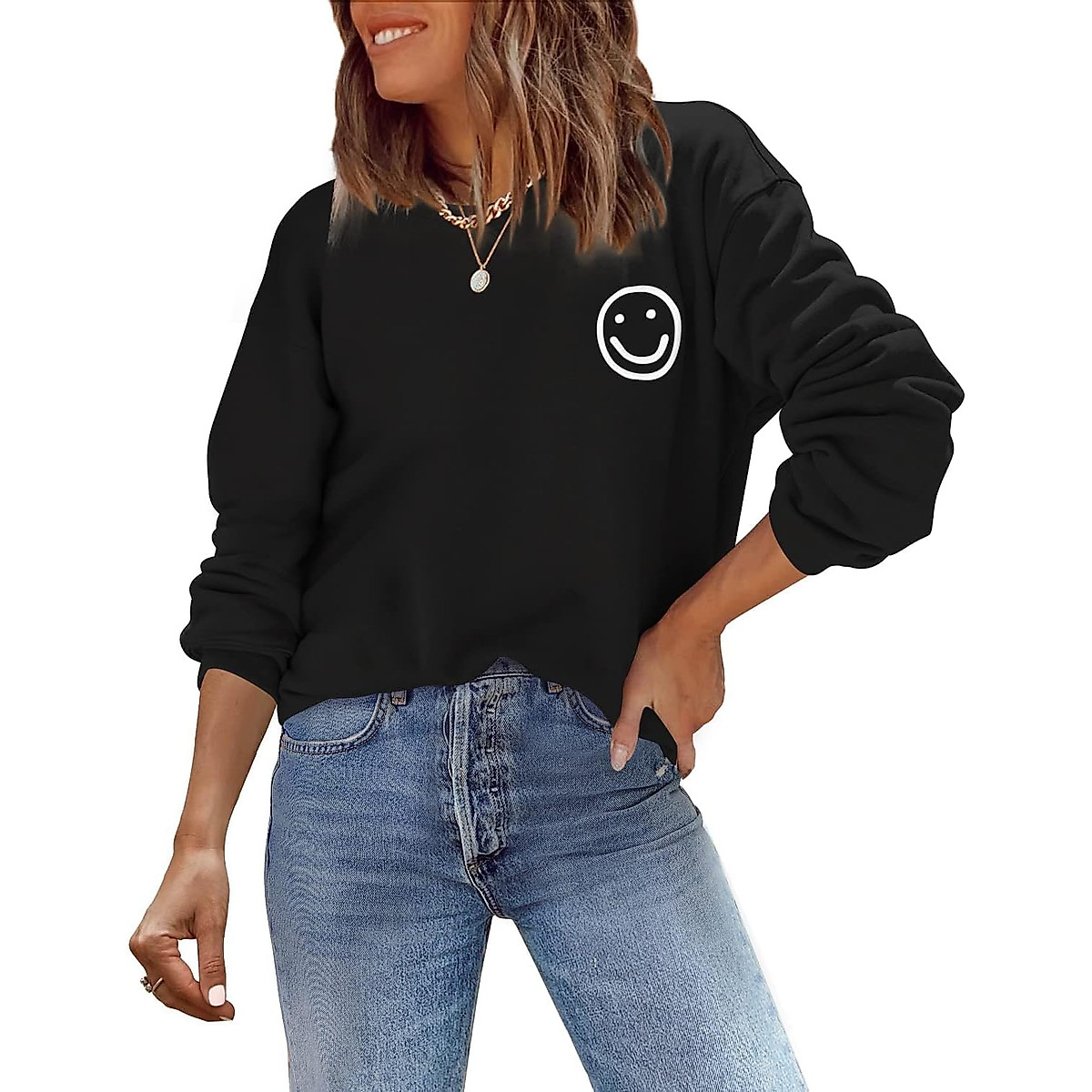ReachMe Womens Cute Graphic Crewneck Sweatshirts Fashion Smile Pullover Tops Casual Loose Happy Face Sweatshirt(2 Black,M)