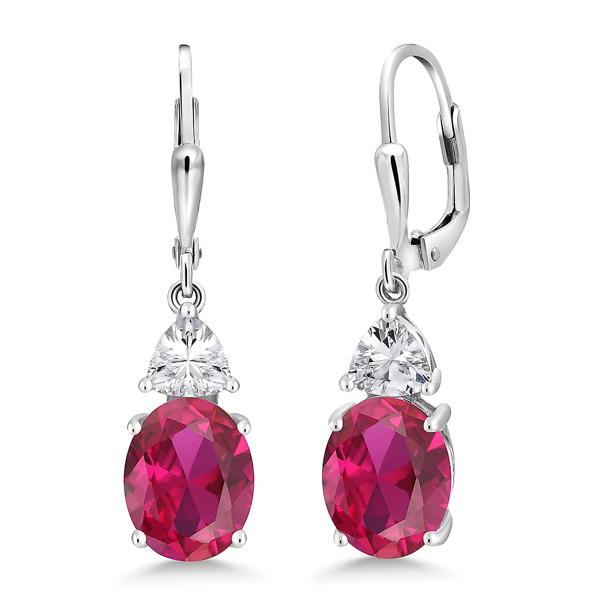Gem Stone King 925 Sterling Silver Red Created Ruby and White Zirconia Dangle Earrings For Women (5.00 Cttw, Gemstone July Birthstone, Oval 10X8MM, Trillion 5MM)