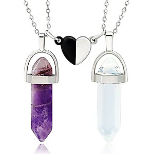 MISS RIGHT Crystal Friendship Matching Couples Necklaces for Women Men with Magnetic Heart Charm, Dainty Rose Quartz Best Friends BFF Necklace for 2 Girls (White Opal & Amethyst)