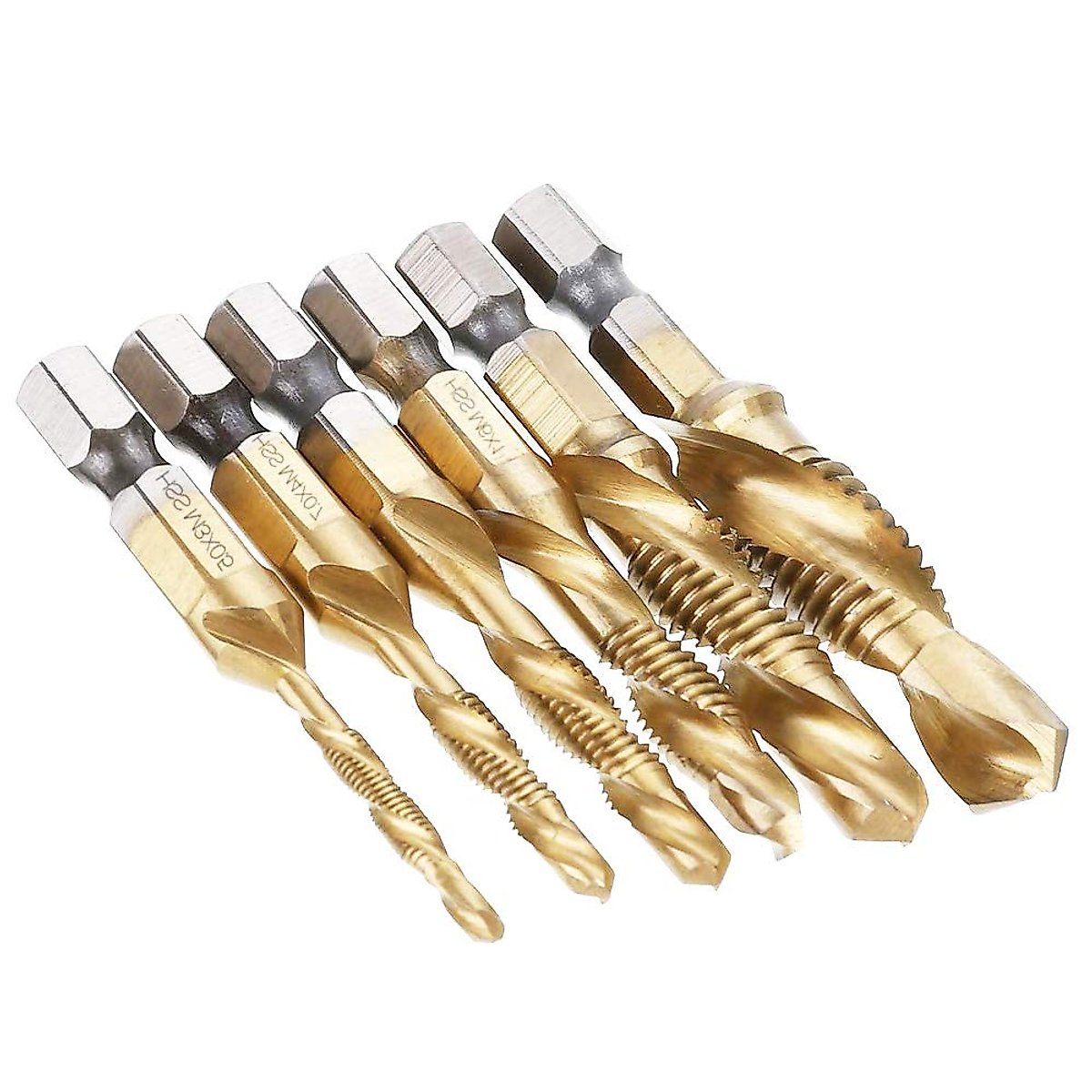 Eyech 6Pcs Titanium Combination Drill and Tap Bit Set, Metric Drill Tap Bits Screw Tapping Bit Tool 1/4" Hex Shank 3 Functions in 1