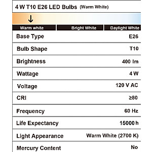 Leadleds 4W Tubular LED Bulb Edison Style COB LED Filament Bulb T10, Non Dimmable E26 Medium Base Lamp 40 Watt Incandescent Bulb Equivalent 2700K Neat Warm White, 3-Pack