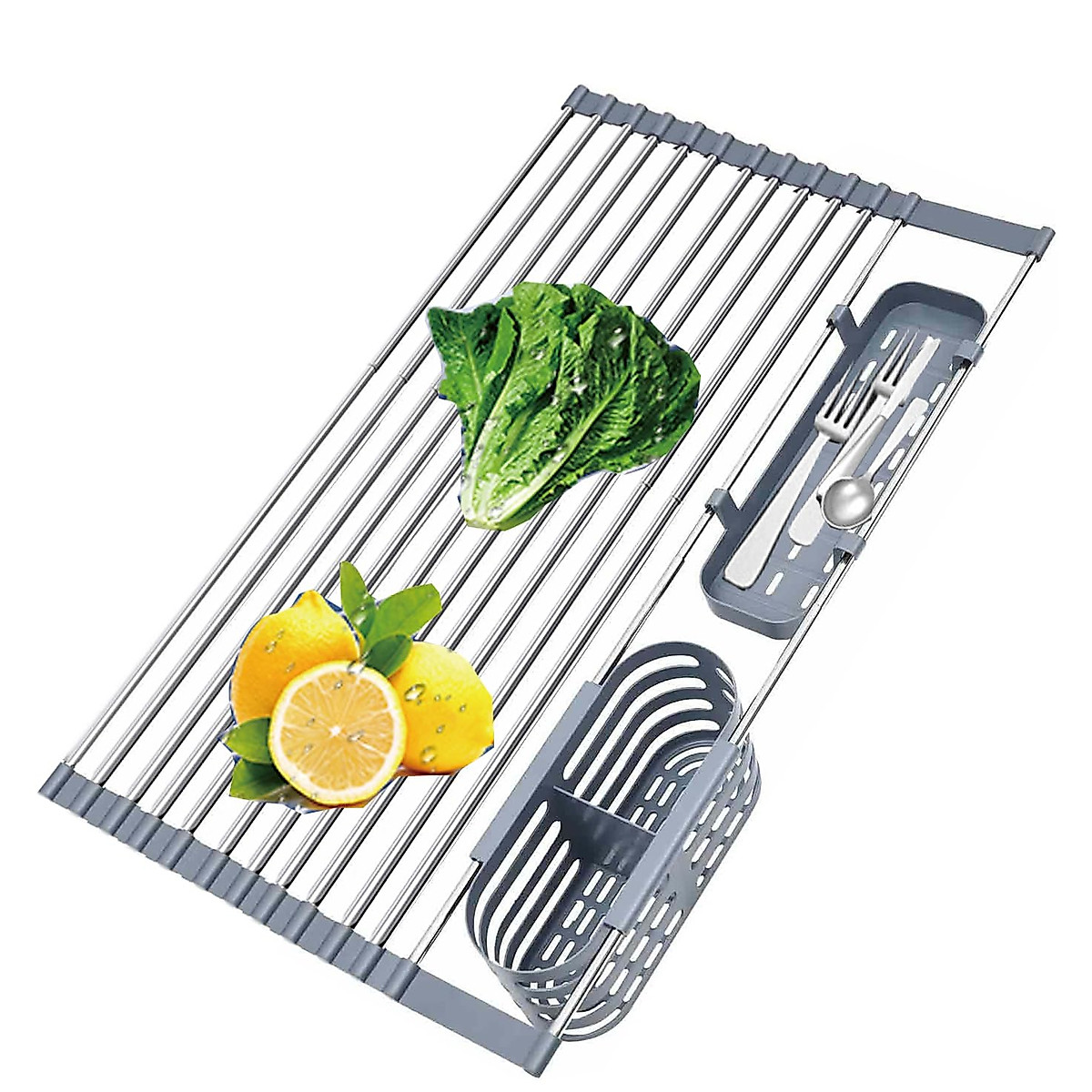 XL Extra Large Expandable Roll Up with Storage Basket 22.8" x 12.7" Over Sink Dish Drying Rack Multi-Purpose Kitchen Rolling Dish Drainer Foldable Stainless Steel Dish Drying Rack for Kitchen
