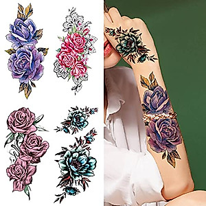Glaryyears Temporary Tattoos for Women Female, 18-Pack Large Big Fake Tattoos, Long-lasting Flower Tattoos, Floral Design Variety Pack Realistic Tattoos 3D, Sexy for Body Arm Chest Shoulder Thigh