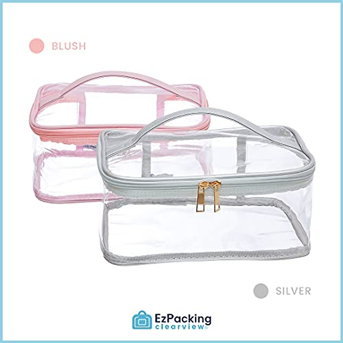 Large Cosmetic Bag for Women / Clear, See-Through Makeup, Hair & Nail Accessories Pouch for Travel or Home / Transparent PVC Plastic Organizer, Spacious Interior, Handle & Double Zippers (Silver)