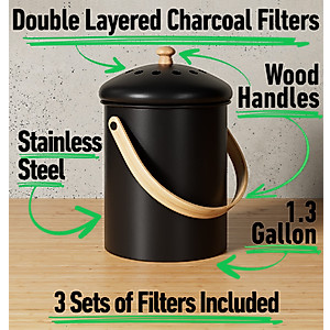 Compost Bin Kitchen Counter - 1.3 Gallon Black Stainless Steel Kitchen Compost Bin with Wood Handles & Charcoal Filters x3 Sets - Countertop Compost Bin with Lid - Large Kitchen Compost Bin Countertop