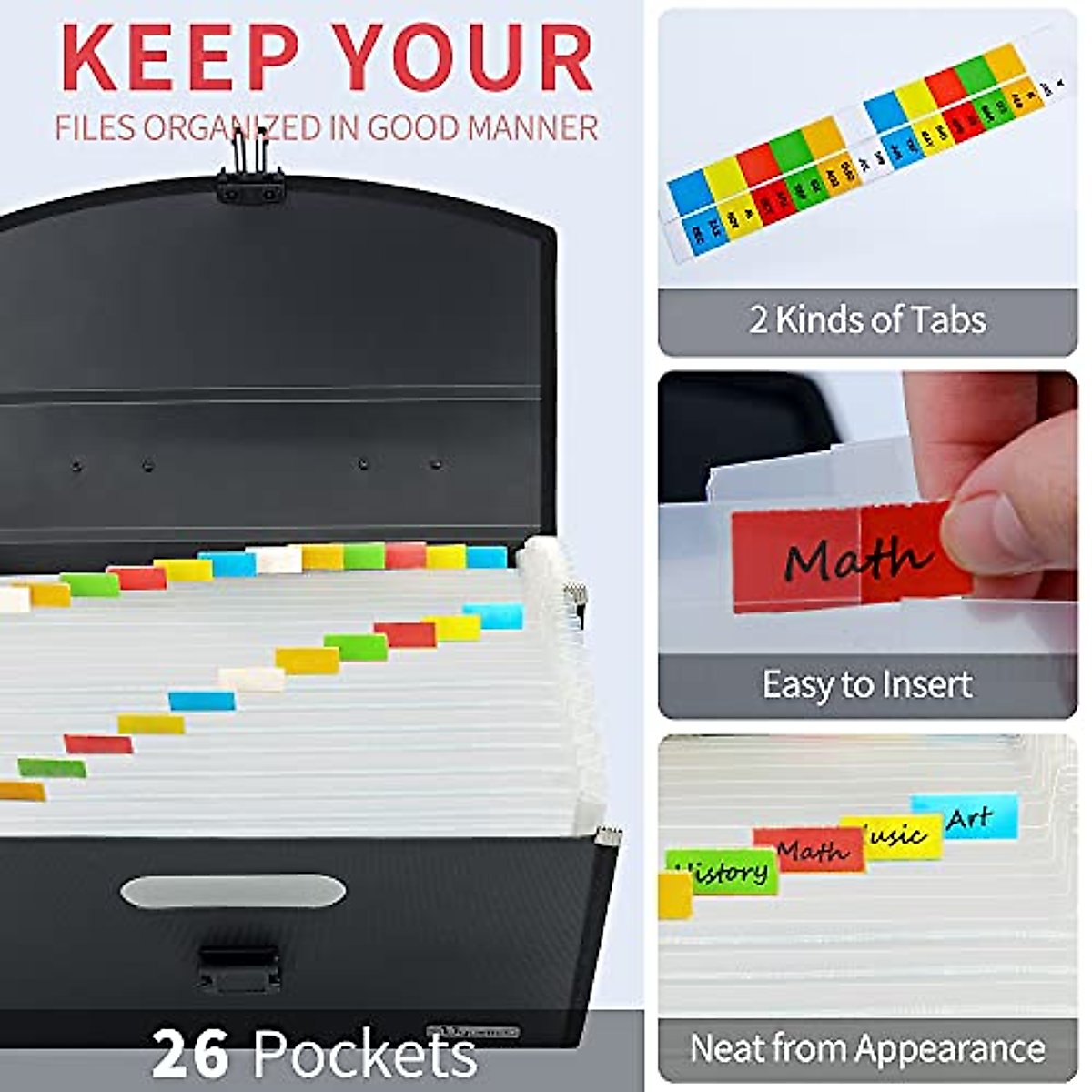 Uquelic 26Pockets Expanding File Folder - Upgraded Durable Buckle, Base with Ergonomic Portable Handle/Large A4 Letter Size Expandable File Organizer/Accordion Filing Document