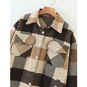 UANEO Womens Plaid Shacket Button Down Wool Blend Fall Flannel Shirt Jacket (Brown-L)
