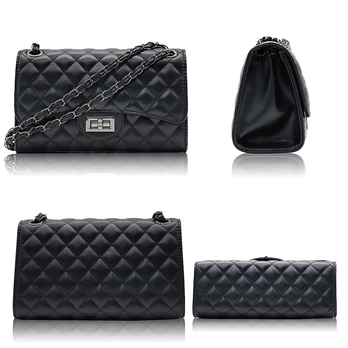 Eveupp Quilted Crossbody Bags for Women Black Chain Purse Leather Quilted Bag Clutch Purses Large