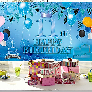 Happy 11th Birthday Backdrop Banner Blue 11th Sign Poster 11 Birthday Party Supplies for Anniversary Photo Booth Photography Background Birthday Party Decorations, 72.8 x 43.3 Inch
