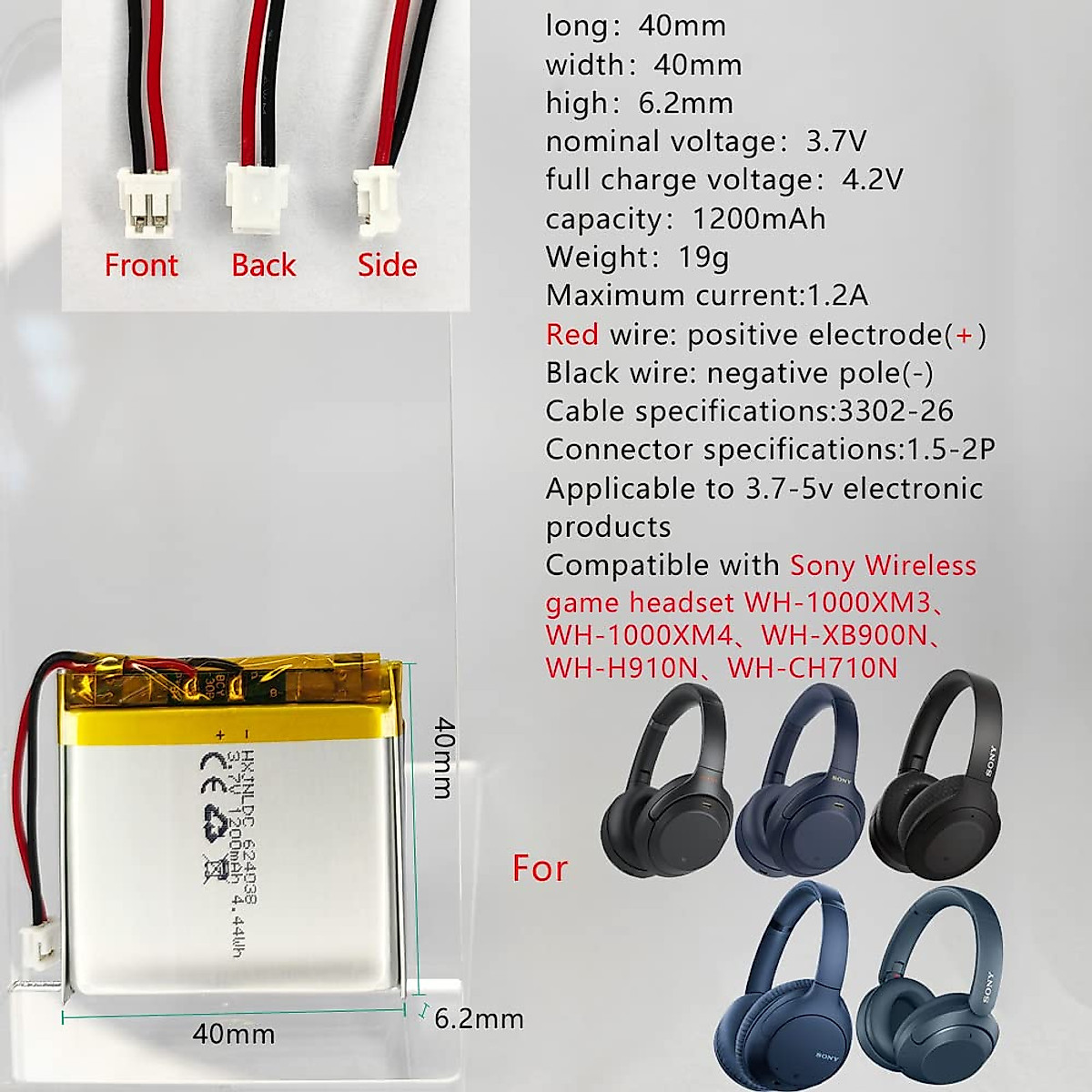 HXJNLDC 3.7V 1200mah Li-Polymer Battery Replacement for Sony WH-1000XM3、WH-1000XM4、WH-XB900N、WH-H910N、WH-CH710N Bluetooth Wireless Noise canceling Stereo Headset SM-03 SP 624038