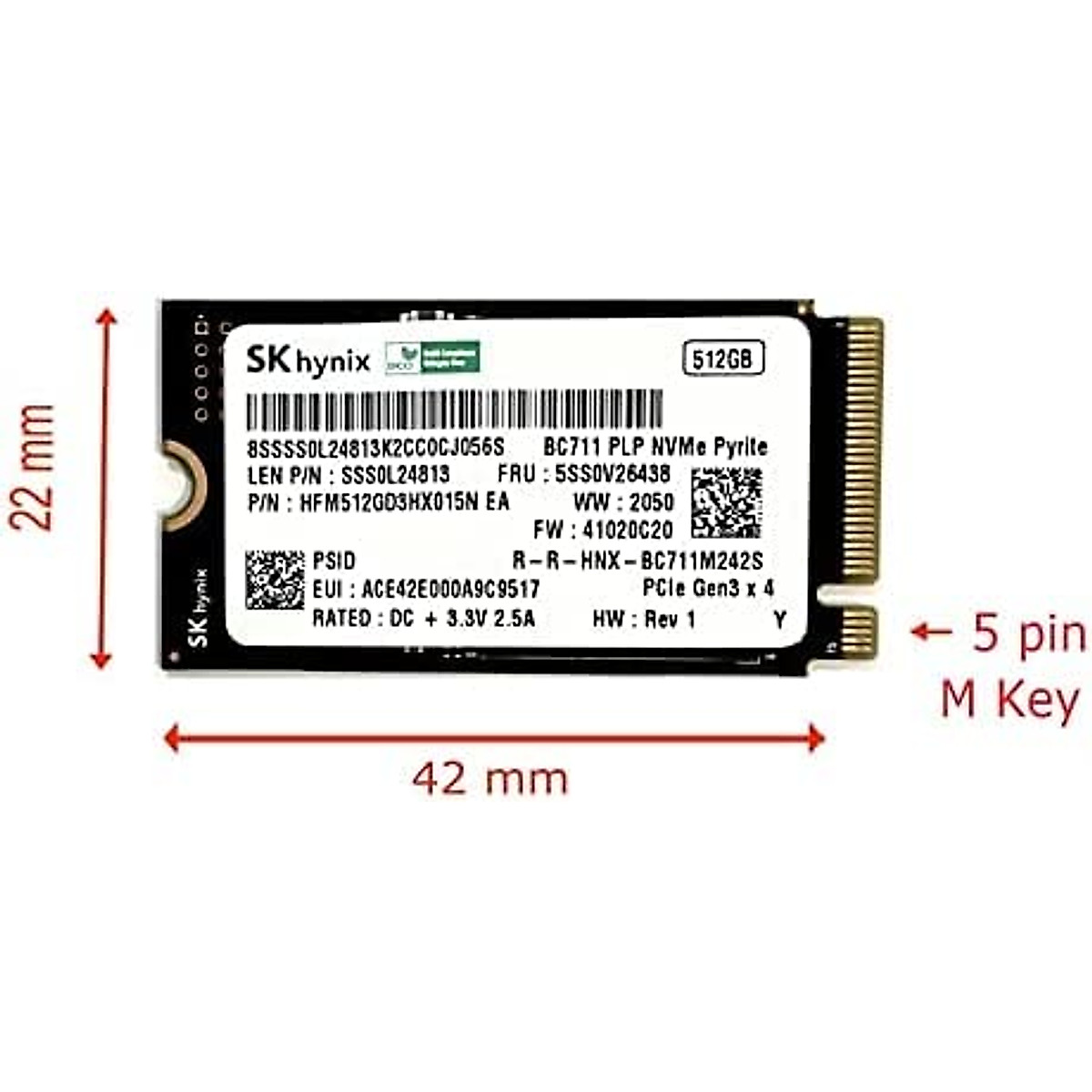 SKhynix 512GB M.2 2242 42mm BC711 NVMe PCIe Gen 3 x4 TLC SSD (HFM512GD3HX015N) for Dell HP Lenovo Laptop Ultrabook Tablet - Internal Solid State Drive (OEM New)