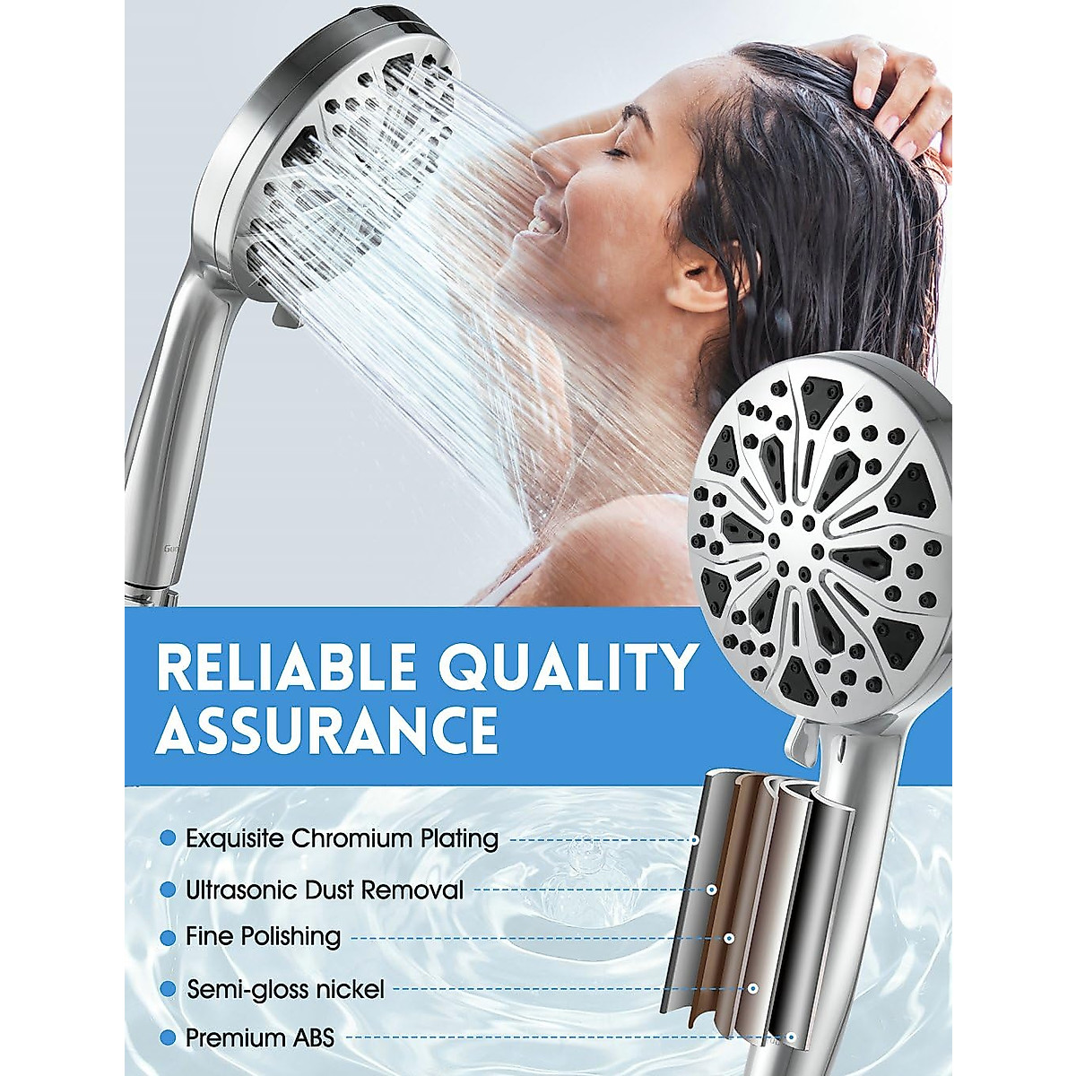 Shower Head,GUOYULJU Shower Heads with Handheld Spray Combo 10 Spray Modes,59Inch Hose,Shower Head with Handheld Adjustable Bracket,Built in Power Wash for bathroom,Tub & Pets,Water Efficient,Chrome