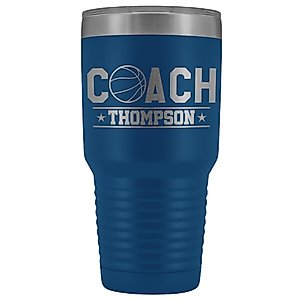 Personalized Basketball Coach Tumbler Cup With Coach Name - Customized Basketball Coach Gift - Custom Basketball Coach Travel Mug - Blue