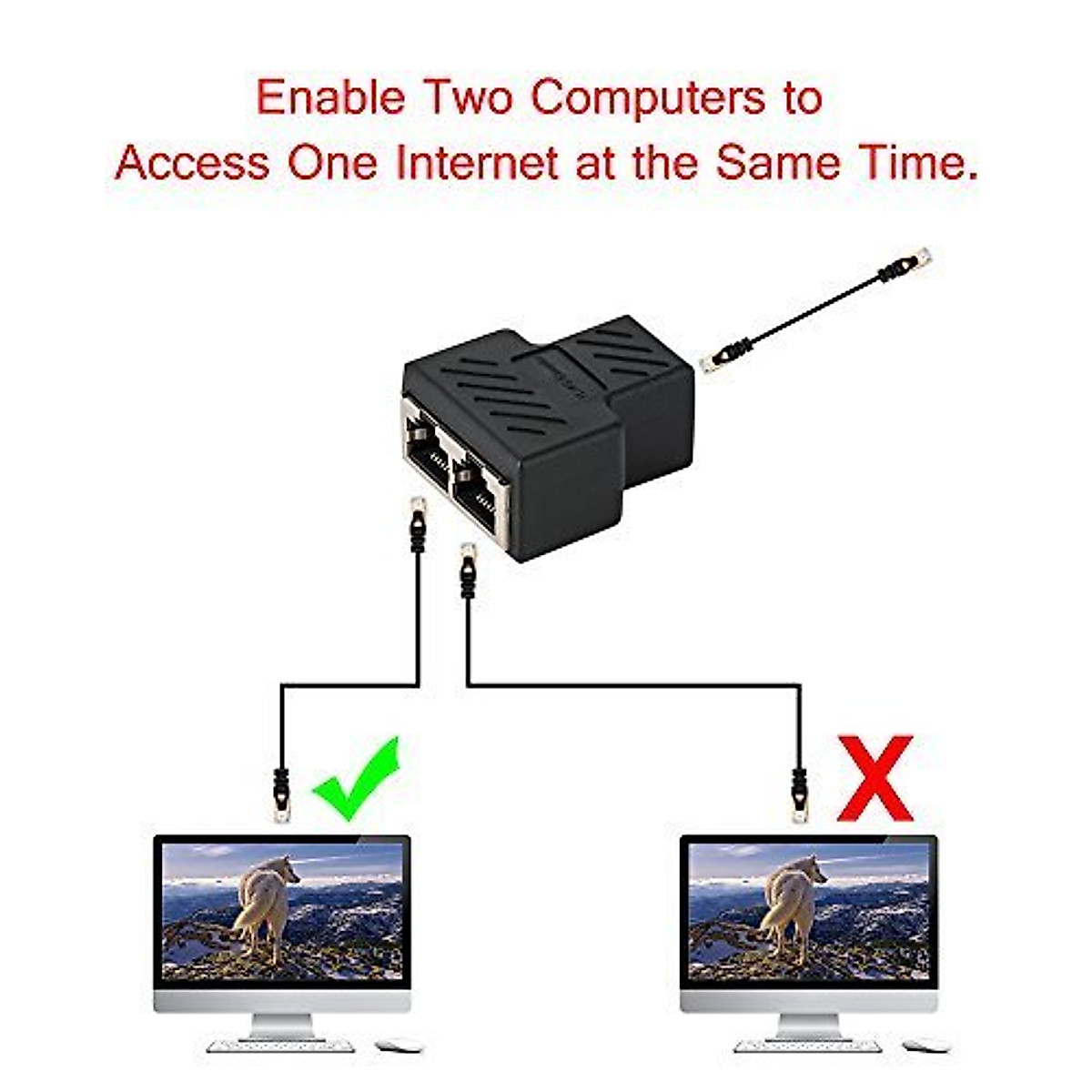 Oxsubor RJ45 Splitter Connectors Adapter 1 to 2 Ethernet Coupler Double Socket HUB Interface Contact Modular Plug Connect Network LAN Internet Cat5 Cat62 Pack (Can't Run Both at The Same TIME)