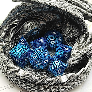 DND Polyhedral Hollow Metal Dice Set RPG Maze Design D&D Dungeons and Dragons D and D MTG Weighted Pathfinder Board Game D4 D6 D8 D10 D% D12 D20 (with Free Metal Storage Box) Dice-Blue