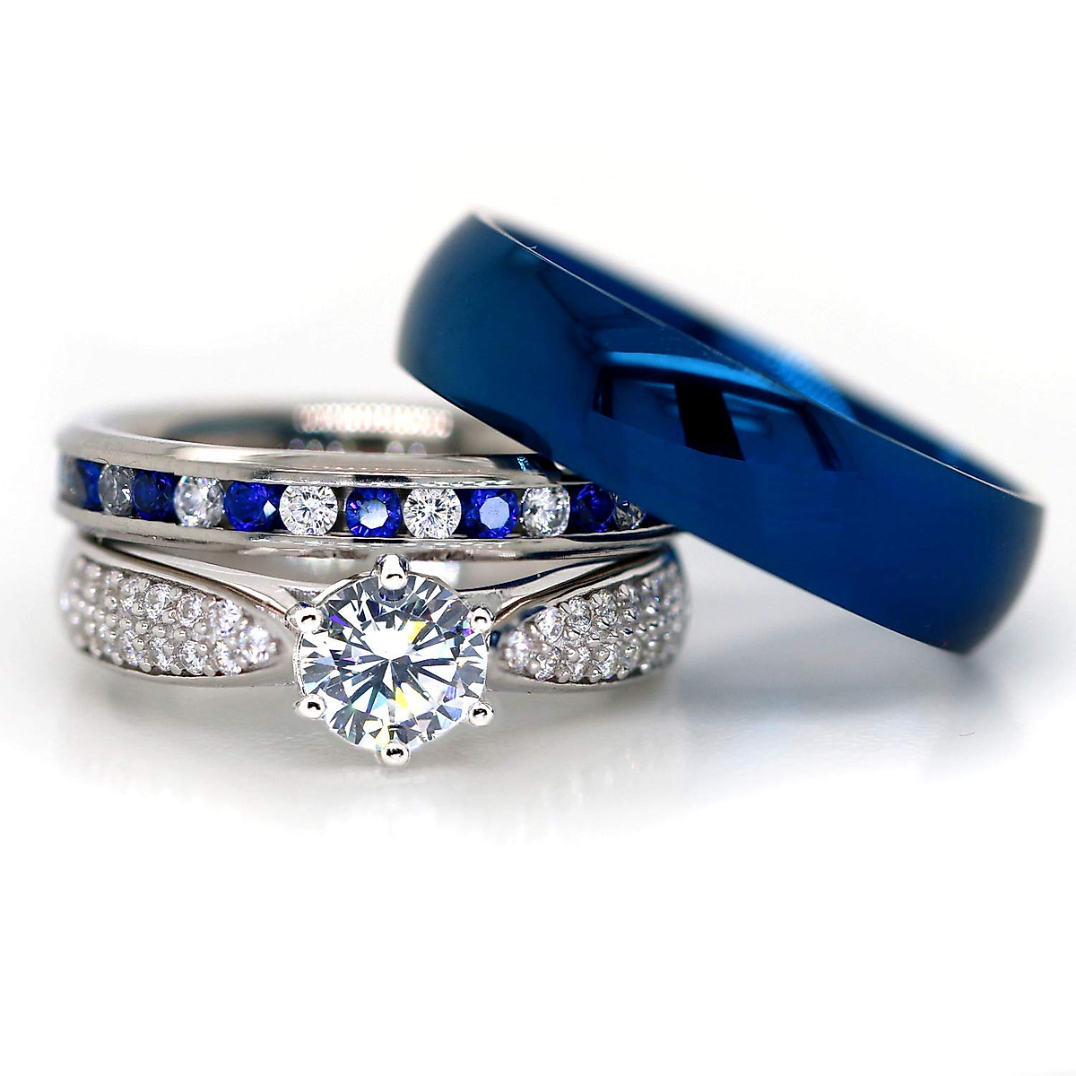 His and Hers 925 Sterling Silver Blue Saphire Stainless Steel Wedding Rings Set Blue #SP24BLMSBL (Size His 10, Hers 07)